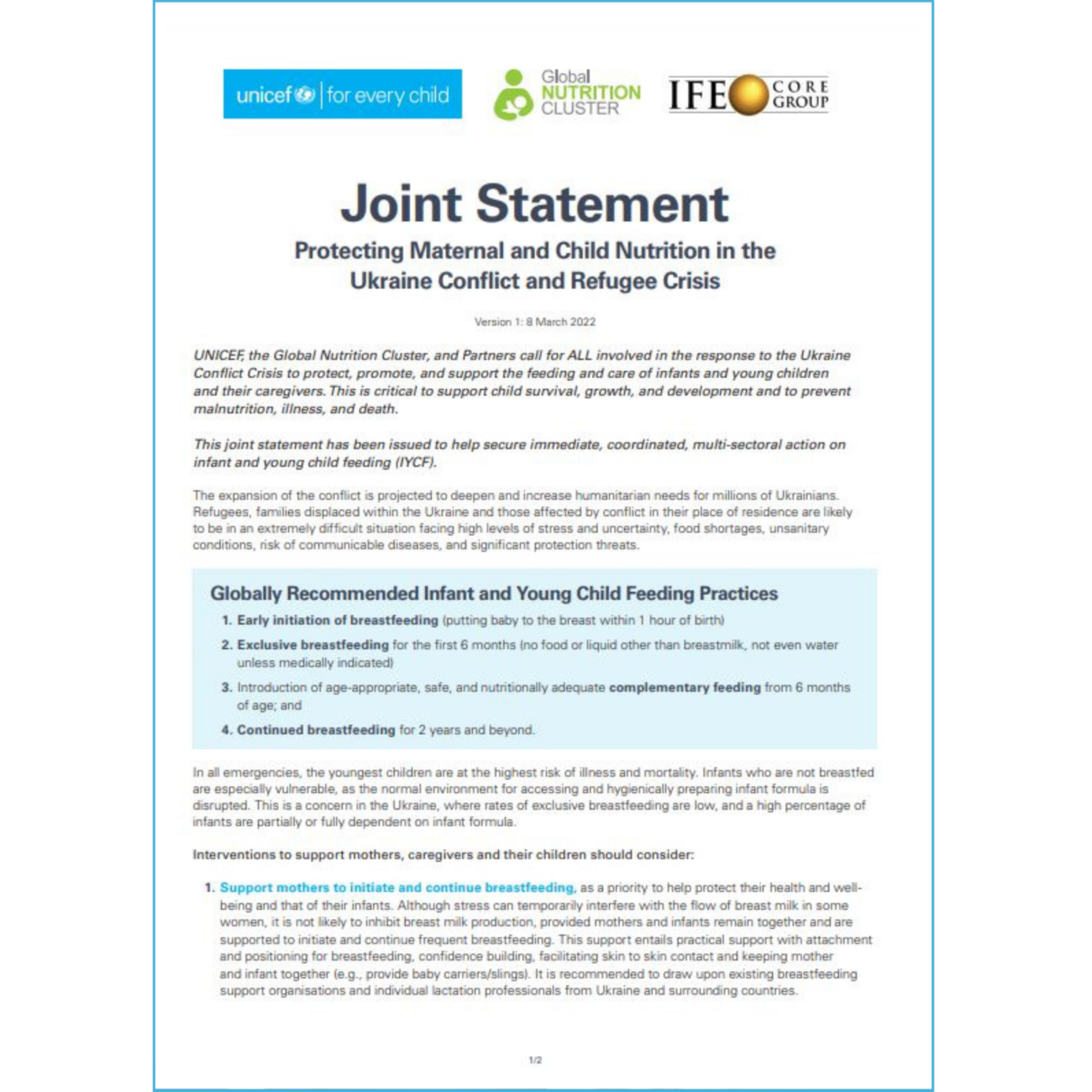 Joint statement - Baby Friendly Initiative